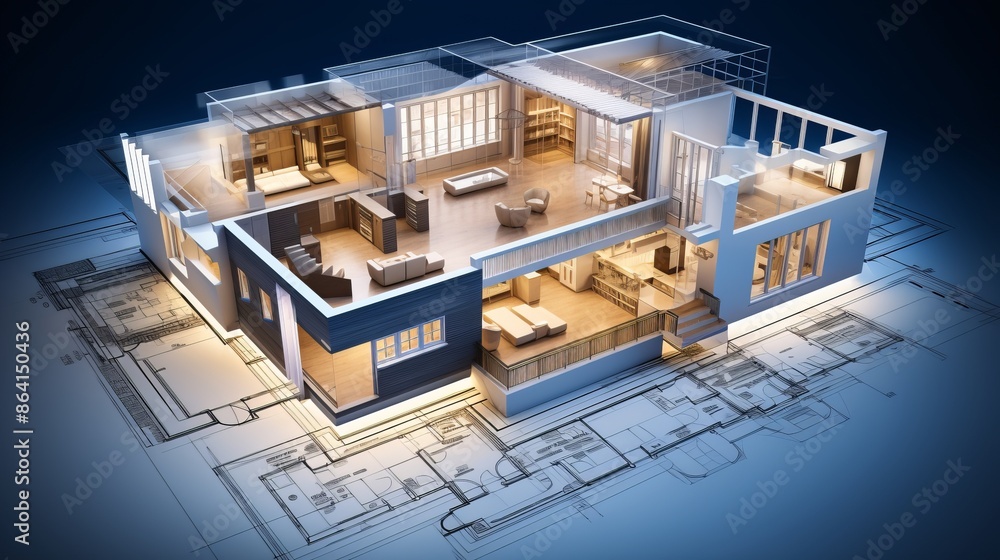 vision of architecture of a 3d model house project with blueprint Stock ...