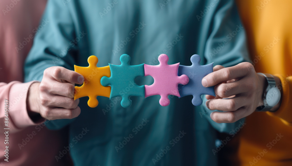 Foto de Diverse Group Holding Puzzle Piece Symbols to Celebrate Unity ...