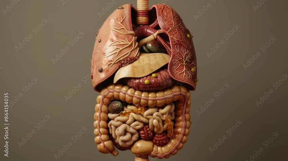 A detailed model of the human torso, including the heart, lungs, liver ...