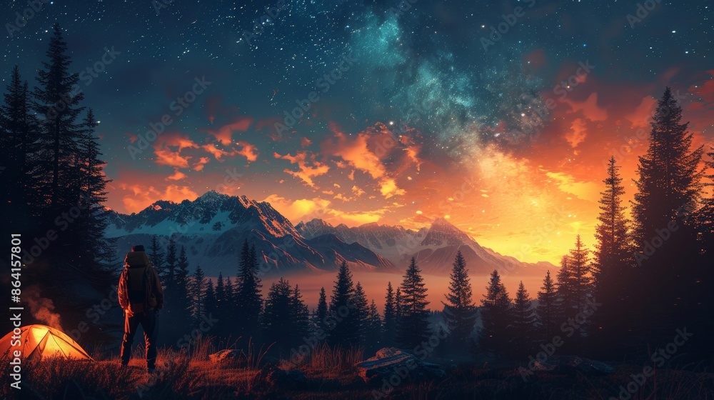 Backpacker at a Campsite: a backpacker setting up camp in a remote ...