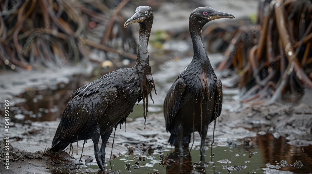 Wildlife affected by ocean oil spill, seabirds covered in oil, polluted ...