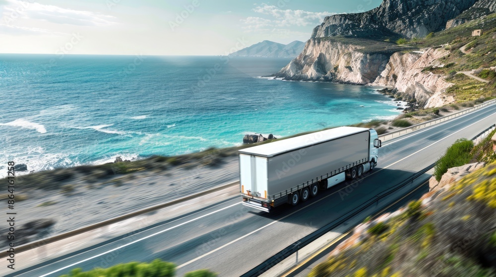 An articulated lorry moving swiftly along a scenic coastal road with ...
