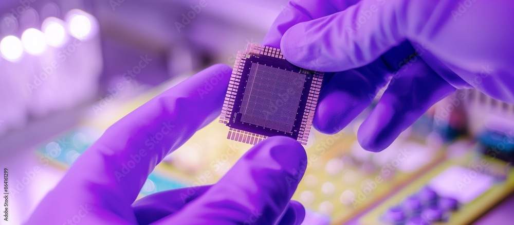 Hand in purple color glove holding microchip photo sensor matrix. On ...