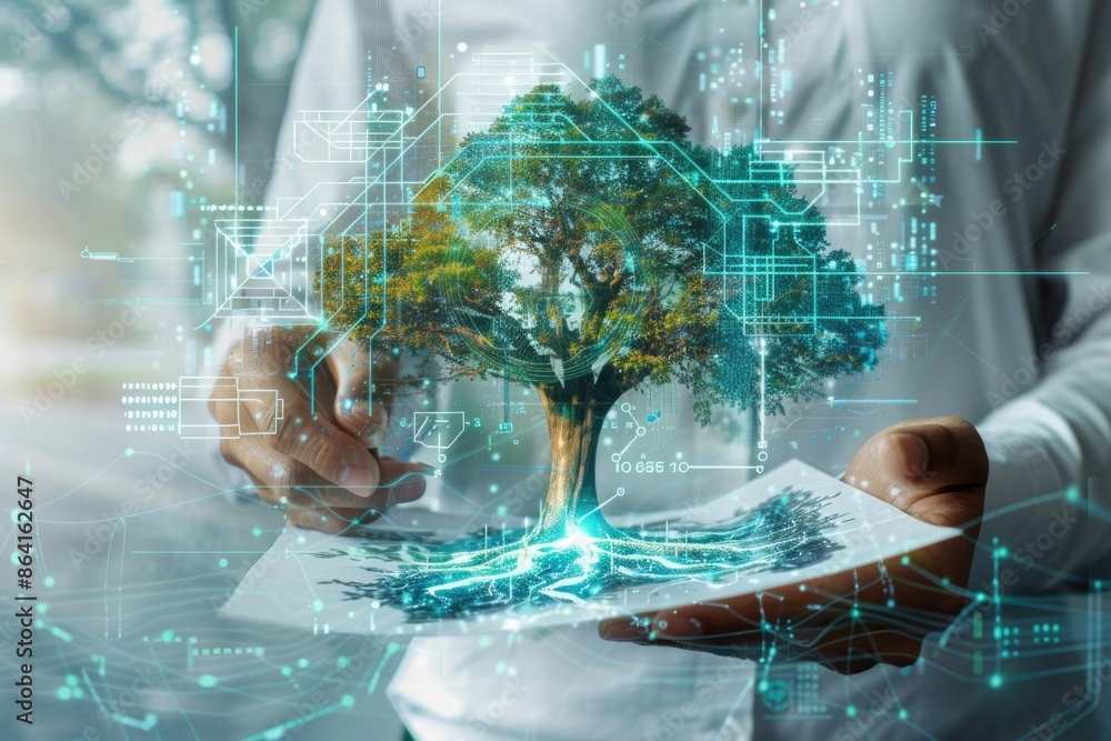 Architect hand presenting an architecture drawing with a tree hologram ...