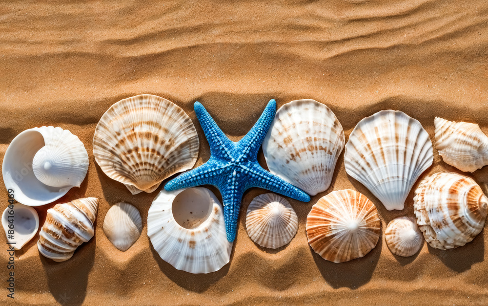 Seashell and Blue Starfish Arrangement on Sandy Beach Background with ...