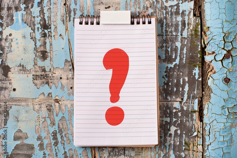 Notepad showing question mark on rustic blue wood background, asking ...