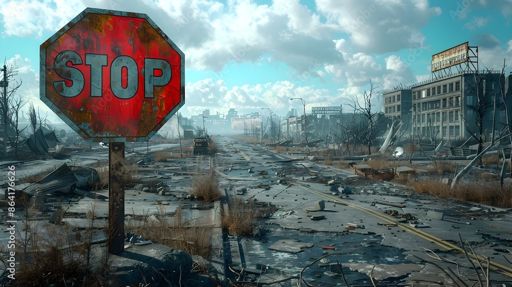 A bold scarlet stop sign dominates a barren post apocalyptic cityscape ...