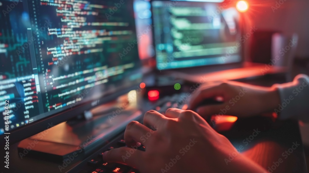 Hands typing on a keyboard with code on the screen in a cybersecurity ...