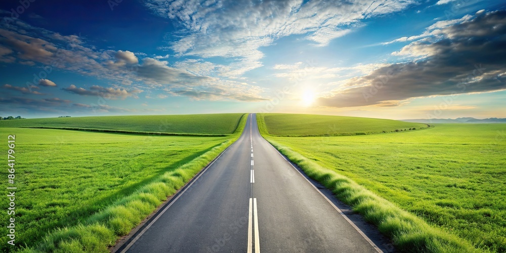 Diverging paths on an empty highway in green meadows, symbolizing ...
