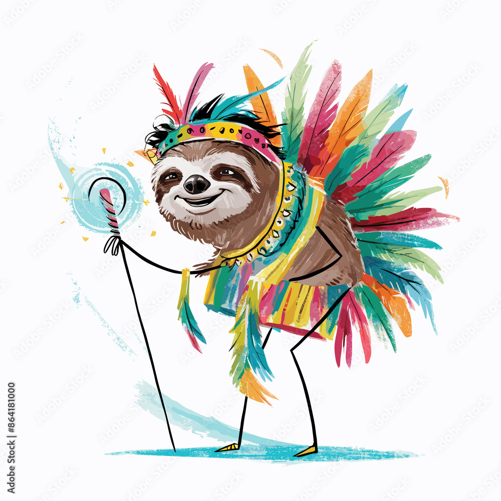 Sloth shaman holding his scepter staff with a rainbow of colorful ...