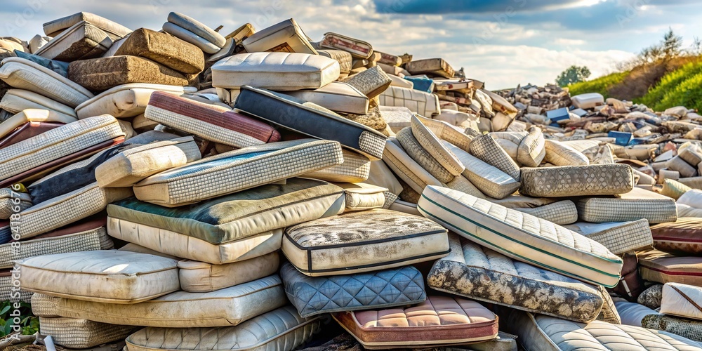 Pile of old mattresses in a landfill , junk, trash, discarded, worn out ...