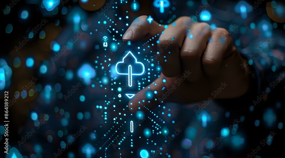 Hand interacting with a holographic cloud upload icon, representing ...