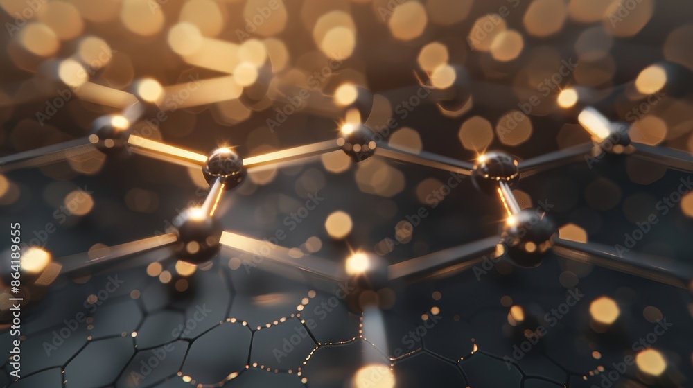 Scientific model of carbon or graphene atom and molecular grid, mesh ...