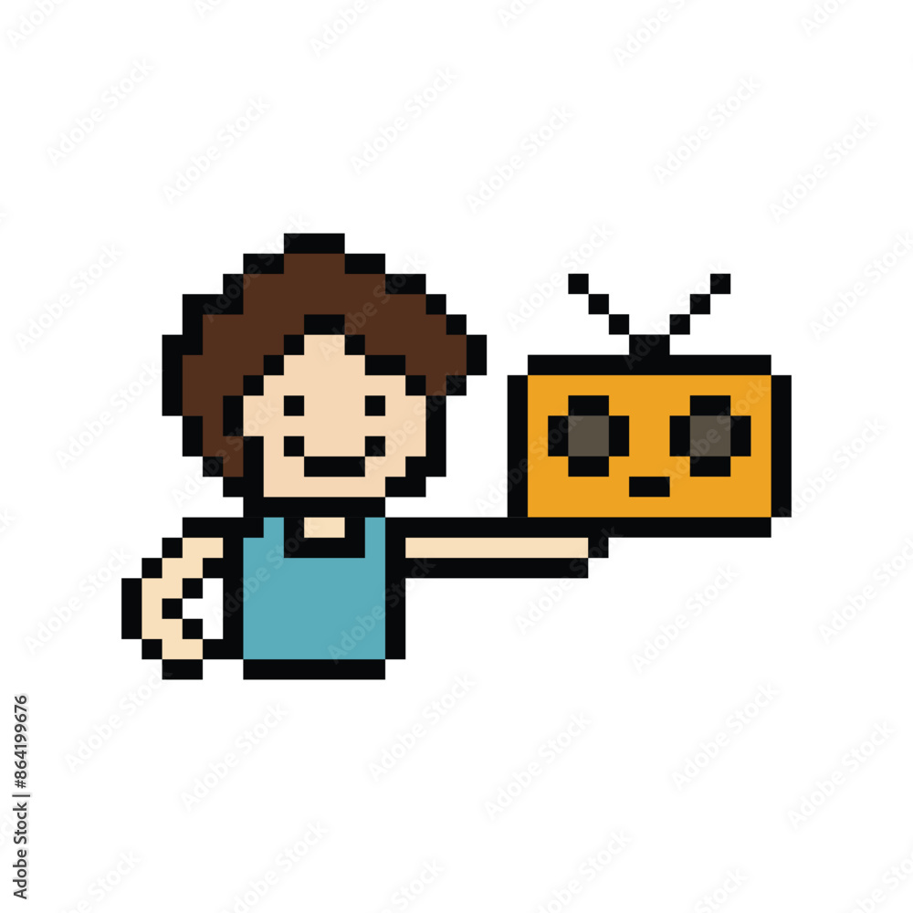 Cute pixel cartoon 8bit character man exercises training dance ...
