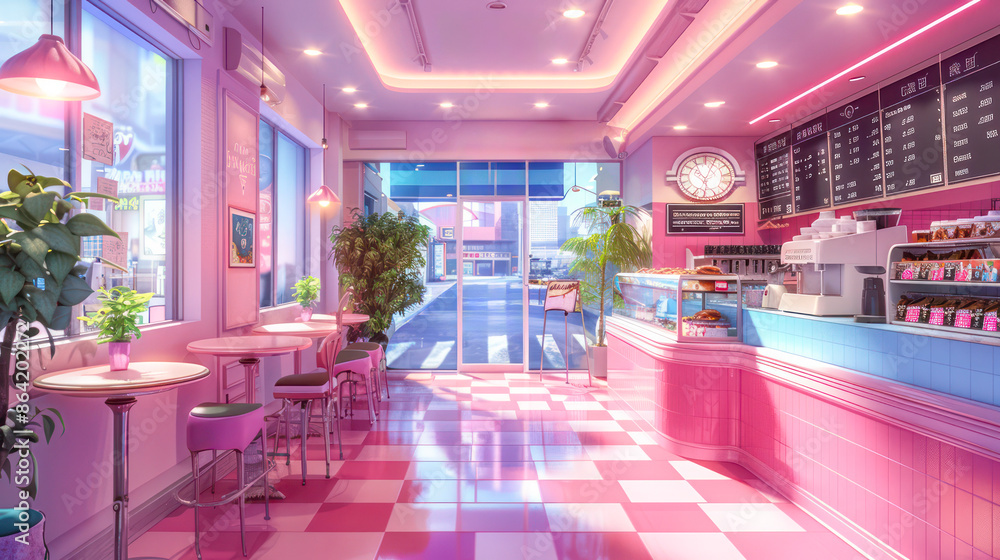 Vintage American ice cream with pink stools at the bar. Pink bar ...