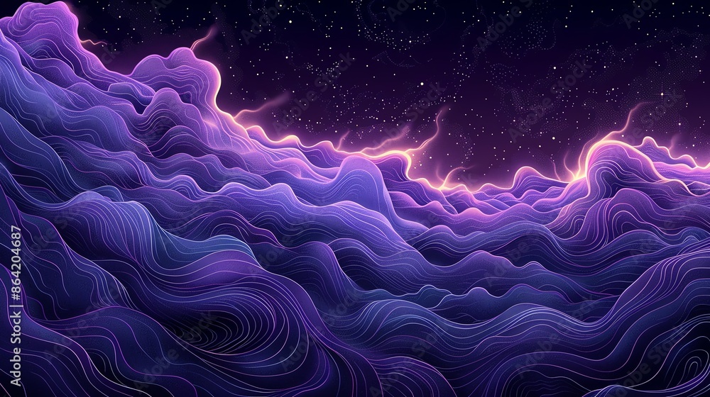 A lavender line art of swirling clouds on a midnight black background ...