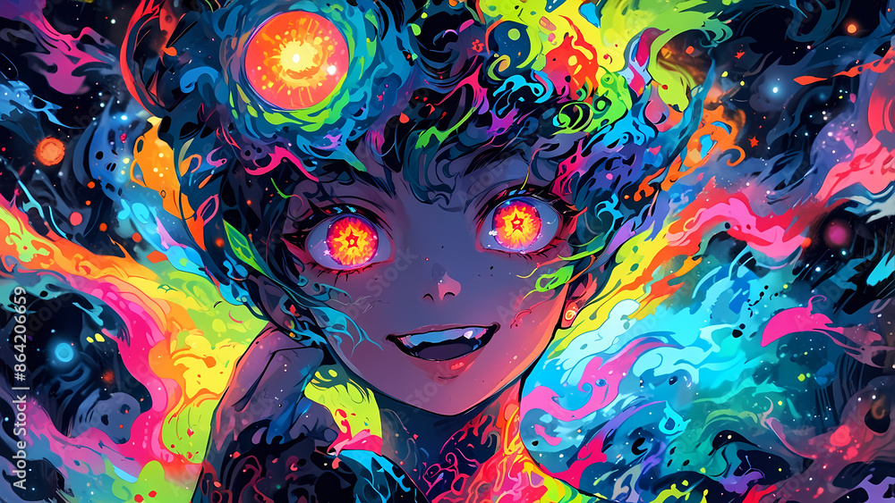 Psychedelic anime girl, fantasy art with vibrant colors Stock ...