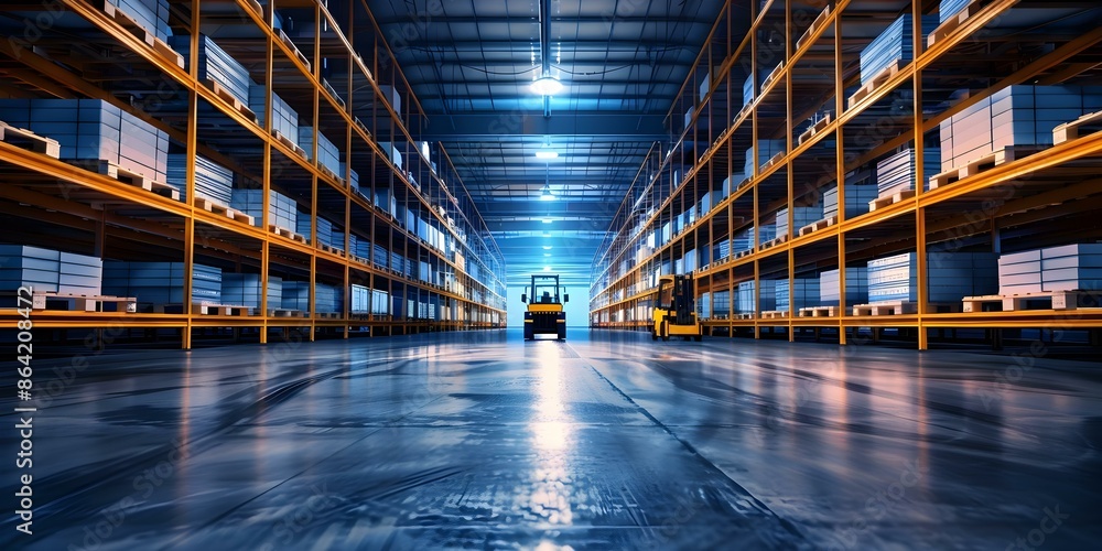 Contemporary warehouse interior with shelves pallets forklifts and ...