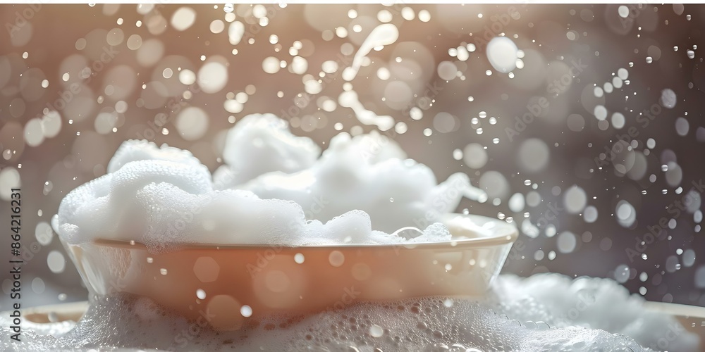Laundry day washing clothes in detergent bubbles wet splashes soapy ...