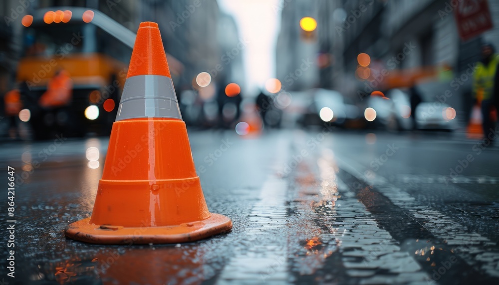 Urban Safety, Traffic Control Cone on Busy City Street at Dusk for Road ...