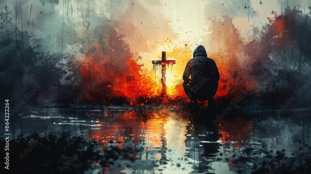 Watercolor painting depicting a man kneeling before the cross and ...