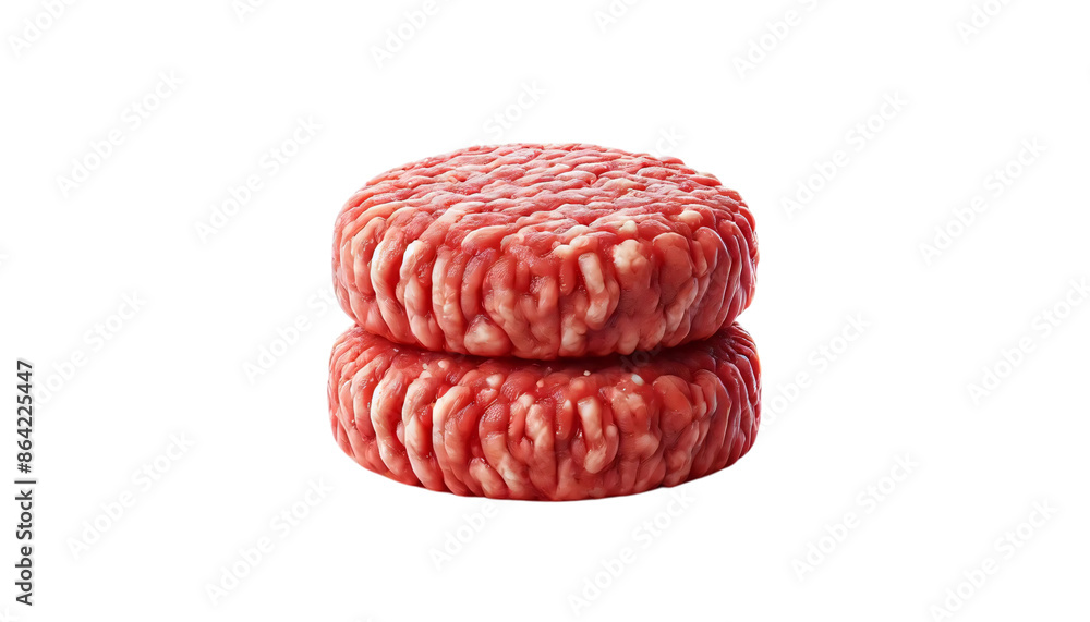 Two stacked, uncooked hamburger patties made of fresh ground meat, with ...