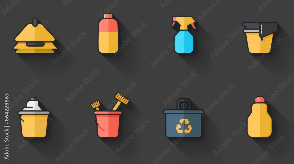 A collection of cleaning and recycling icons on a colorful background ...