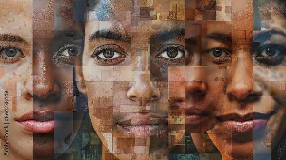 Portrait of a man made from various portraits of women and men of ...