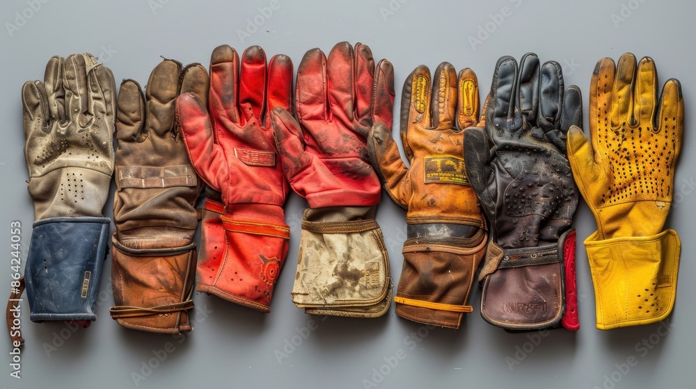 Work gloves arranged neatly on a plain background, showcasing their ...
