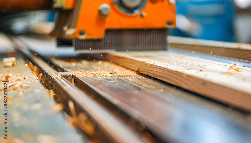 Closeup of wood cutting table with electric circular saw. Man skilled ...