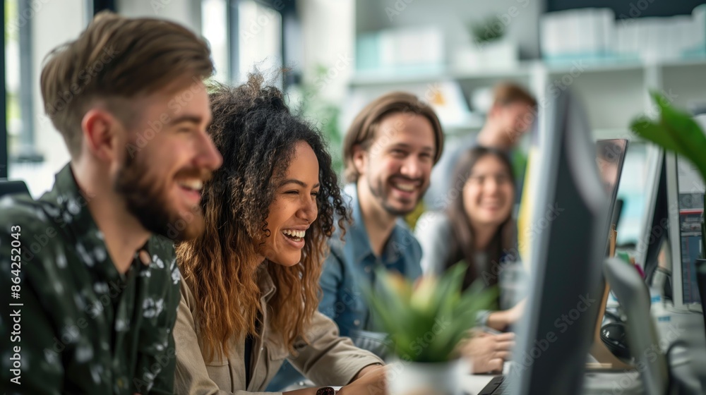 Happy colleagues in the office discussing the work process looking at ...