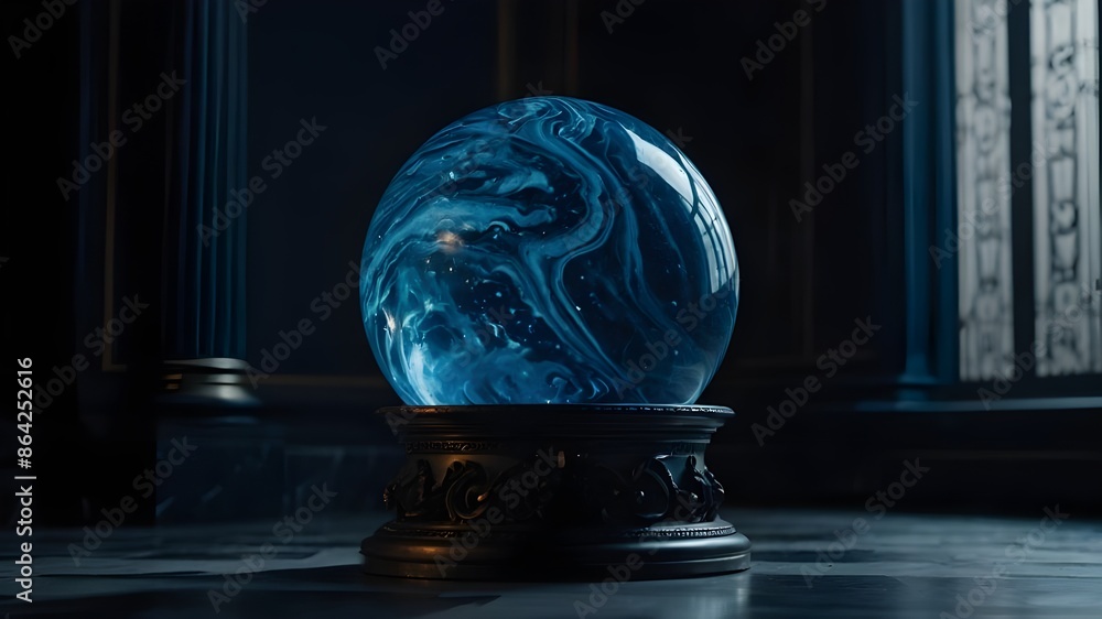 Glowing Blue Orb Floating Above Marble Pedestal in Dark Room, Brilliant ...