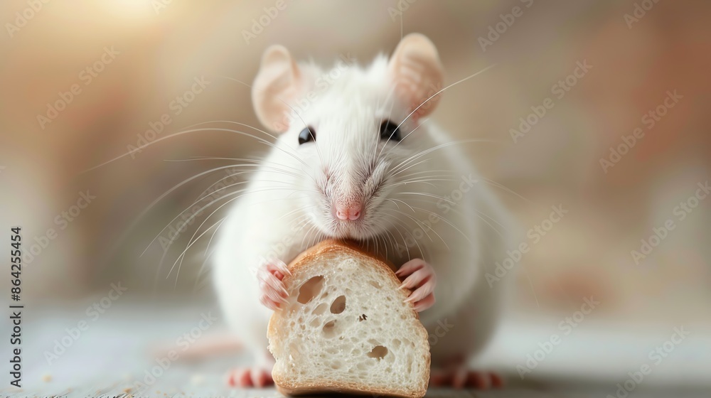 Cute white rat holding a piece of bread with its tiny paws. The close ...