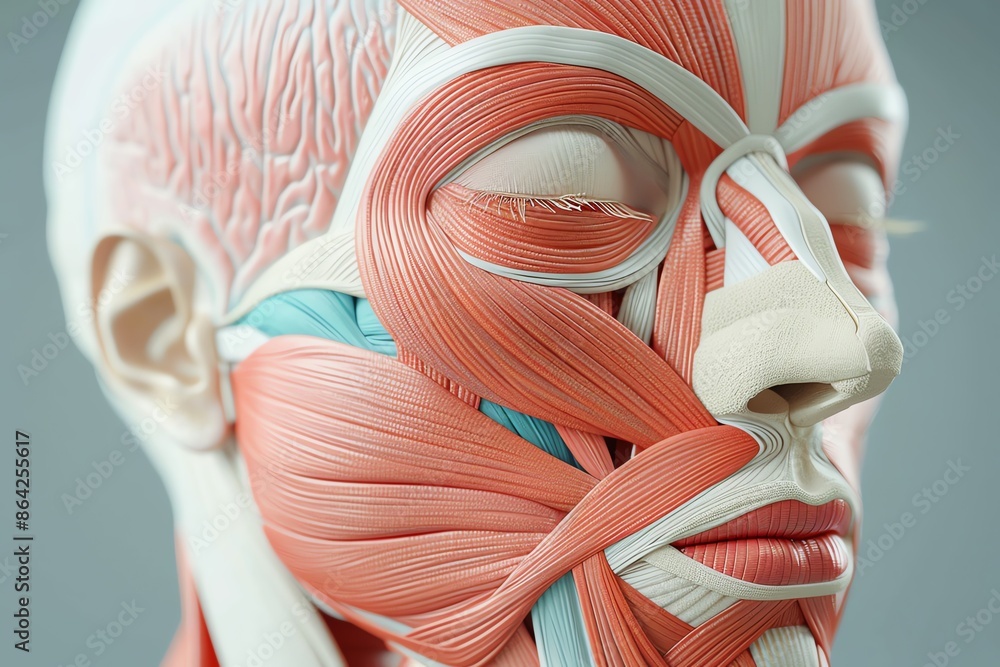 Detailed illustration of the layers of facial skin and muscles for ...