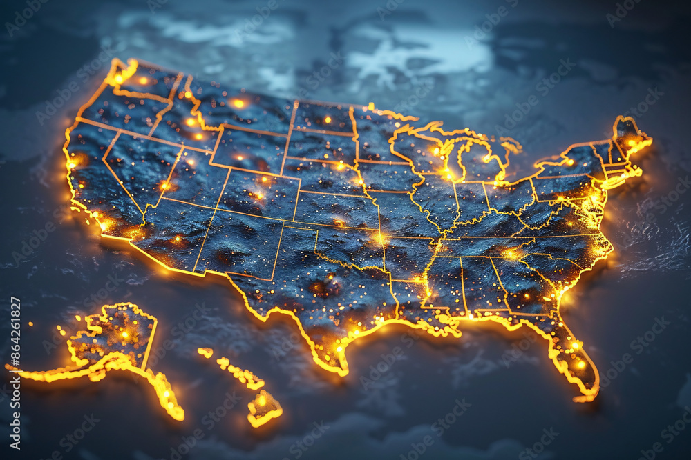 Illuminated 3D map of the United States, showing vibrant city lights ...