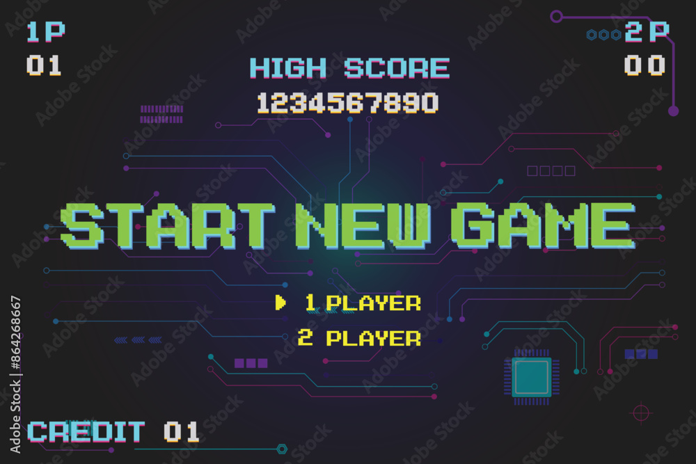START NEW GAME play .Synthwave wireframe net illustration. pixel art .8 ...