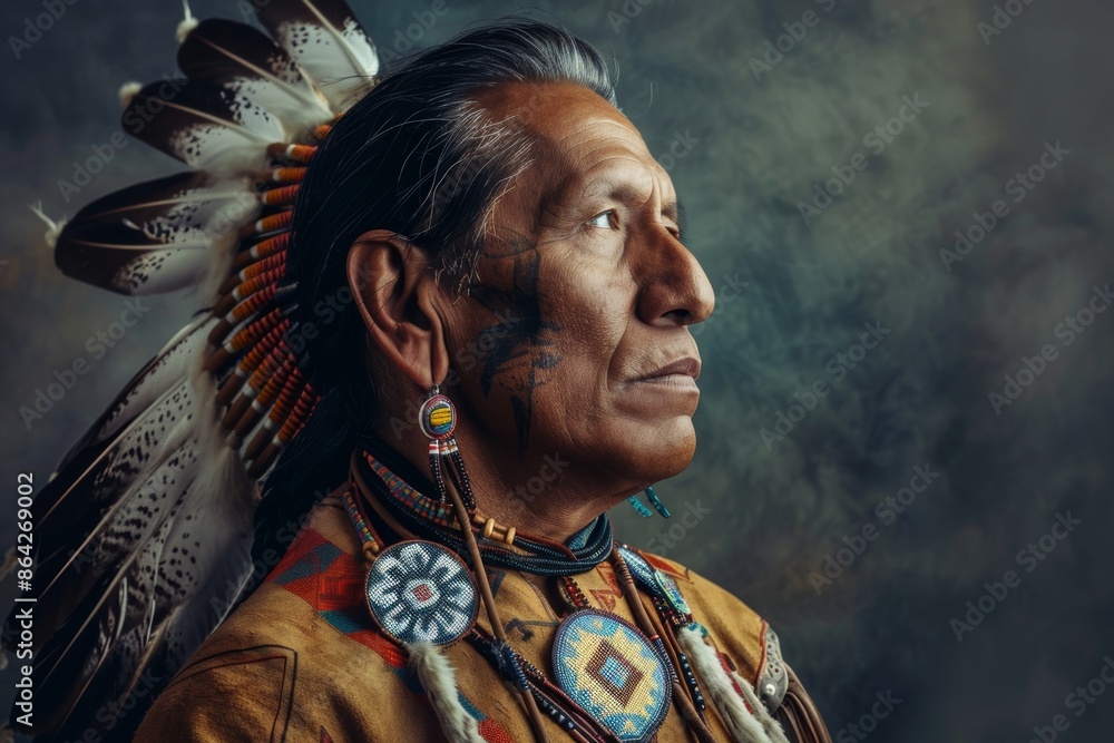 In a studio setting, a Native American man stands with dignity, adorned ...