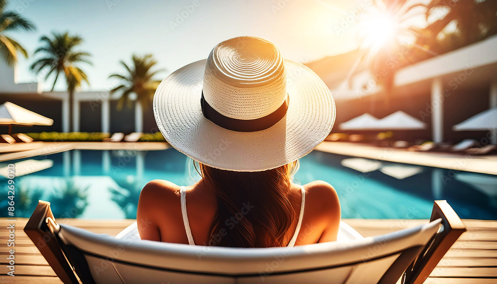 Extreme close-up and back view of a beautiful young woman with sun hat ...