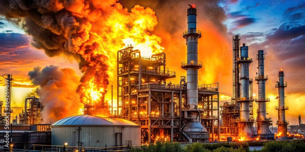 Refinery oil and gas plant engulfed in flames during a fire accident ...