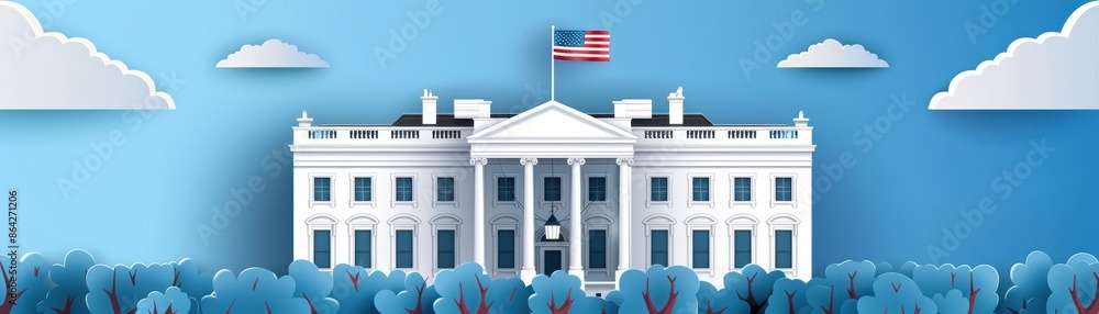 Paper craft style illustration of the White House in Washington DC, the ...
