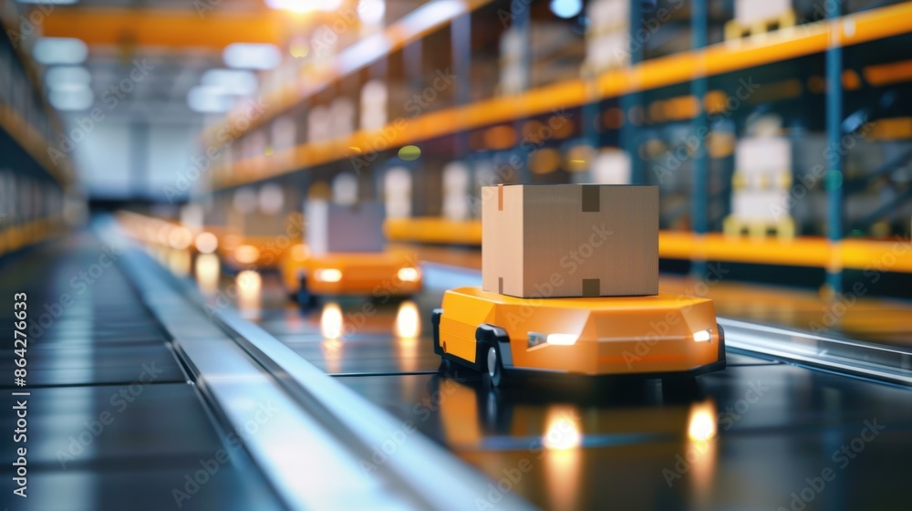 Automated robots transporting boxes in a modern warehouse, showcasing ...