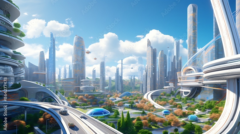 Futuristic smart city with high-tech buildings, autonomous vehicles ...