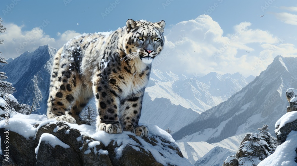 A solitary snow leopard prowling through the snow-capped peaks of the ...