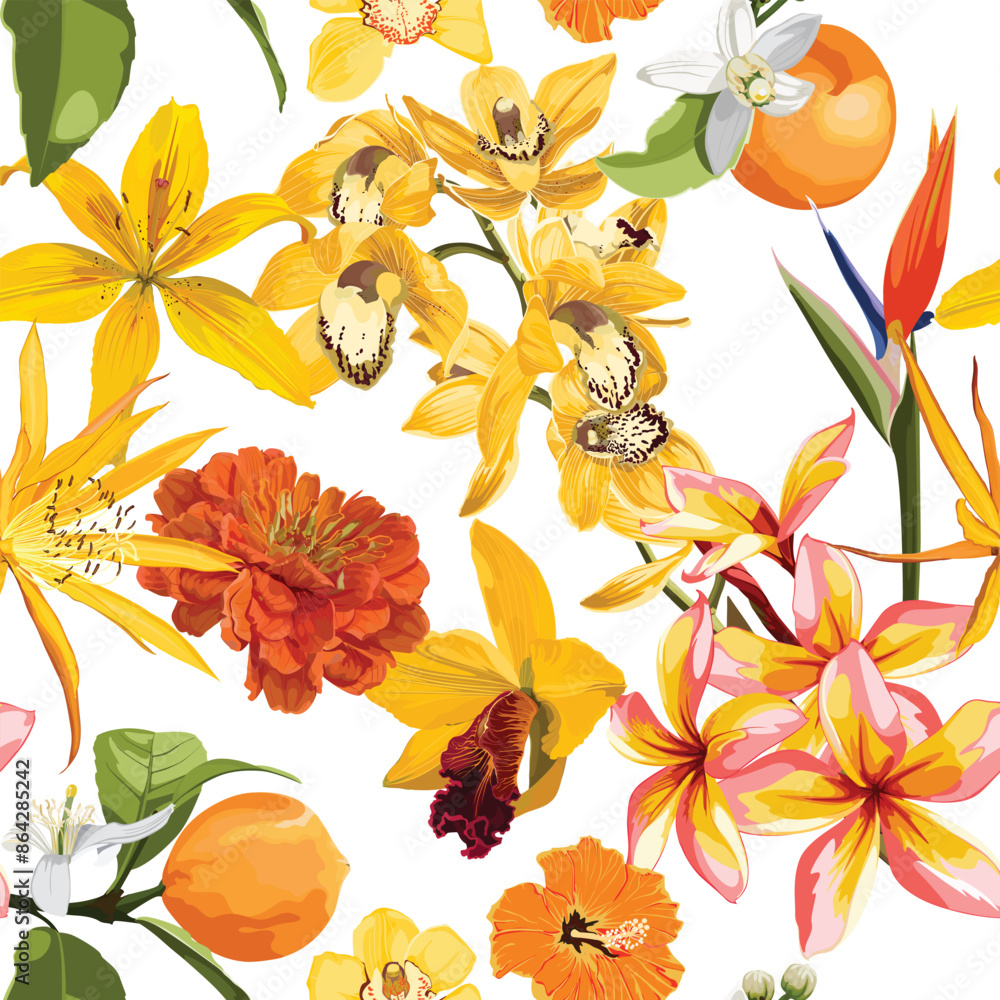 Citrus seamless pattern with orange fruit branch, flowers and exotic ...