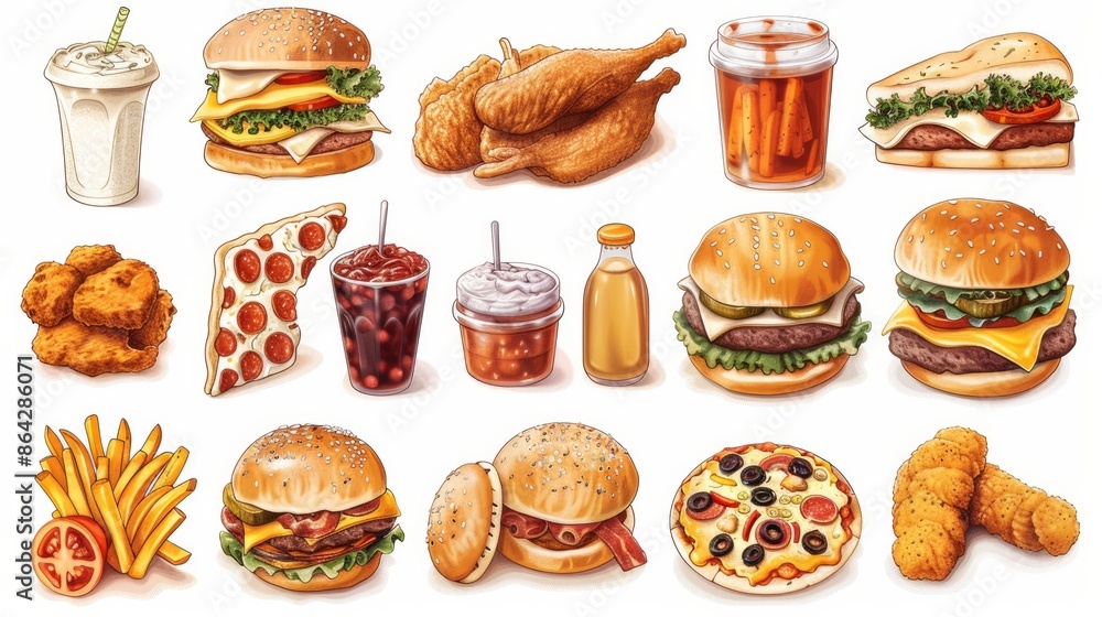 All Fast Food collection set, isolated on white background. Fried ...