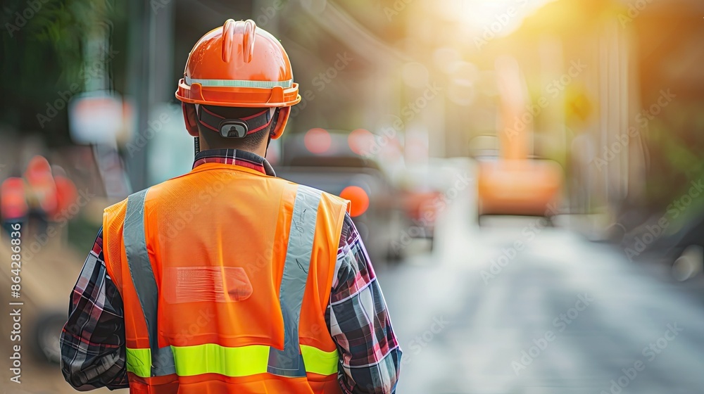 Foto de engineer in safety gear, helmet back view with road ...