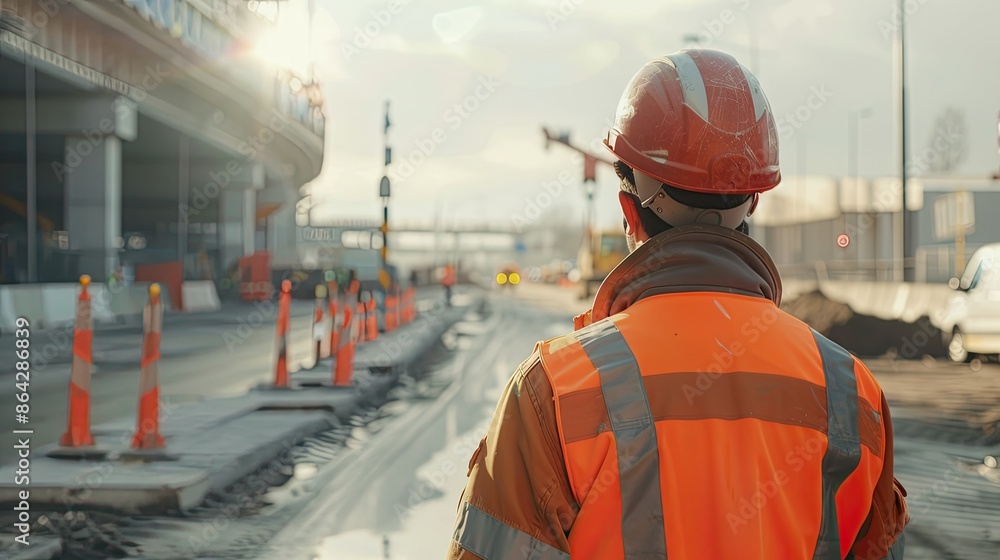 engineer in safety gear, helmet back view with road construction site ...