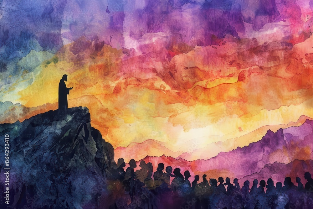 silhouette of jesus preaching on a mountaintop at sunset watercolor sky ...