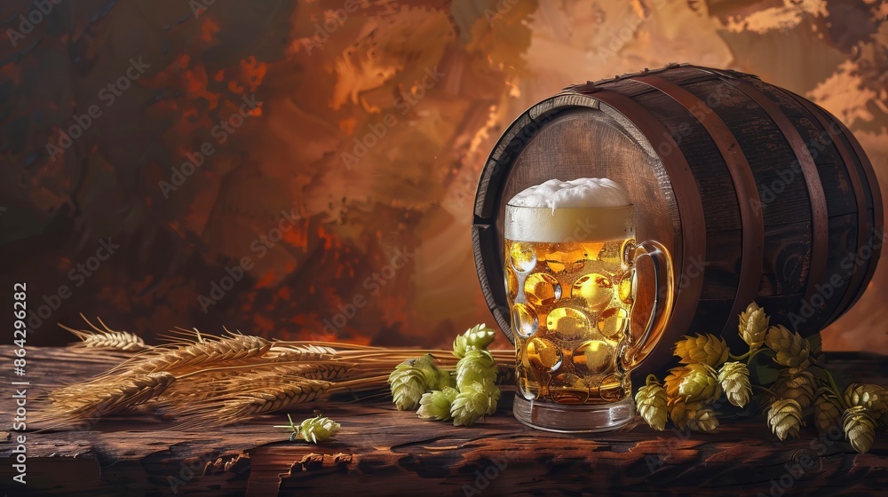 Rustic beer still life with hops and barley against a warm, textured ...