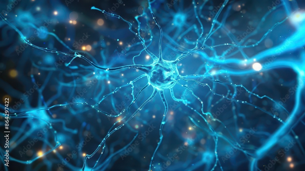 electric blue neuron cells forming complex brain connections futuristic ...